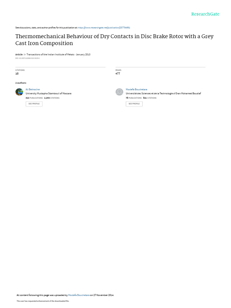 Thermomechanical Behaviour of Dry Contacts in Disc | PDF ...