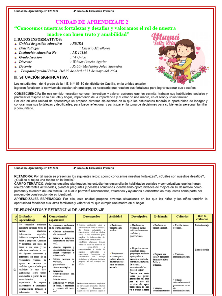 4° UNIDAD DE APRENDIZAJE MAYO 2024-4grado | PDF | Sustracción | Aprendizaje