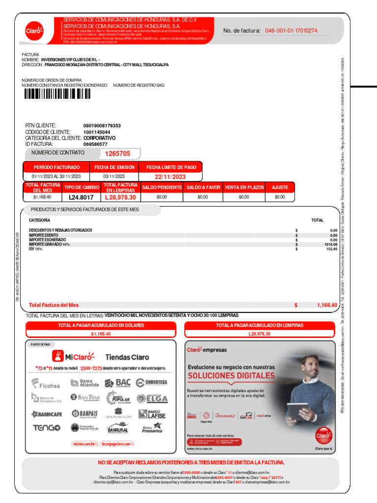 Factura Claro Honduras Noviembre 2023 | PDF | Factura | Honduras