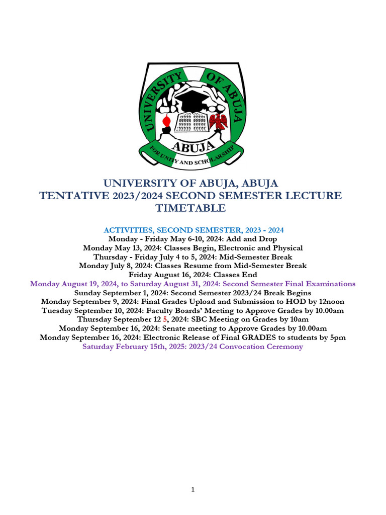 University of Abuja 2023/24 Timetable | PDF | Academic Term ...