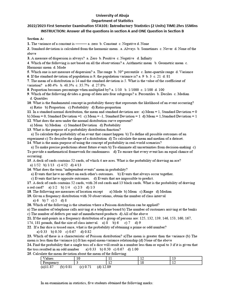 STA101: Introductory Statistics Exam 2022 | PDF | Mean | Statistics