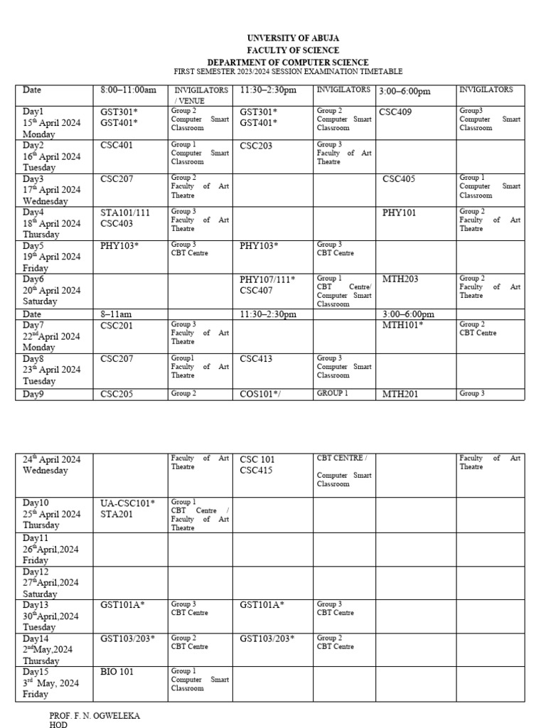 Computer Science Time Table For First Semester 2023 - 2024 - INVIGILATORS - A | PDF