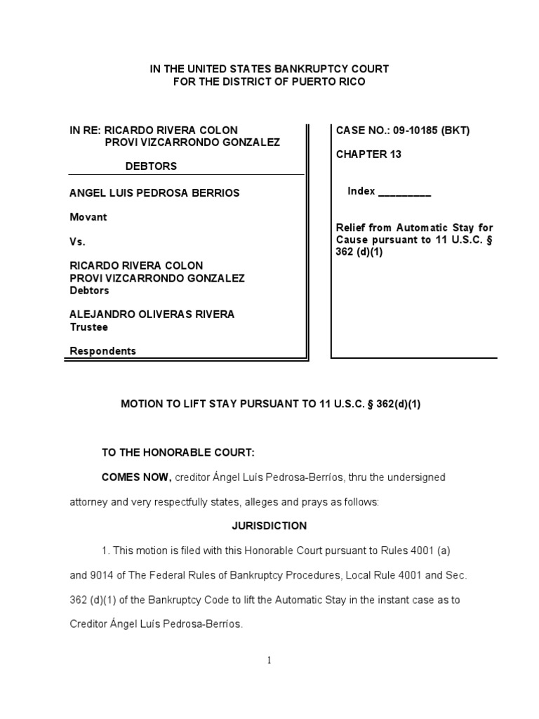Motion to Lift Stay in Bankruptcy Case | PDF | Chapter 13 | Judgment (Law)