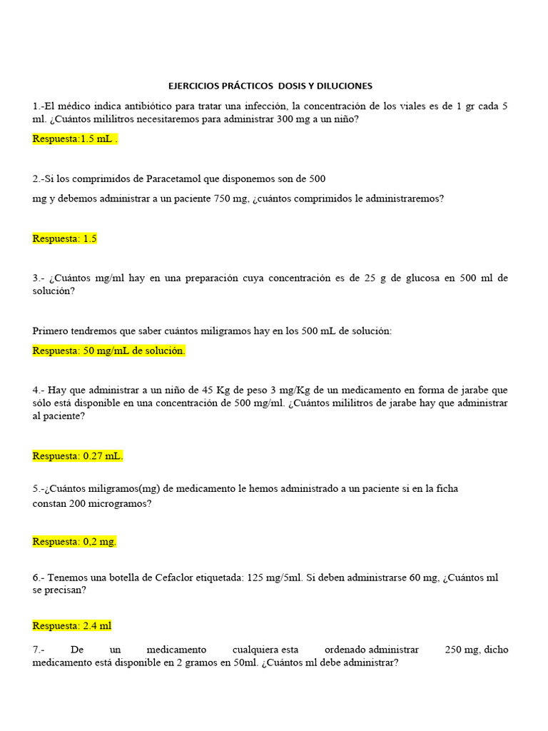 Ejercicios Dosis y Diluciones para Resolver | PDF | Medicamentos con ... Ejercicios Dosis y Diluciones para Resolver | PDF | Medicamentos con ...