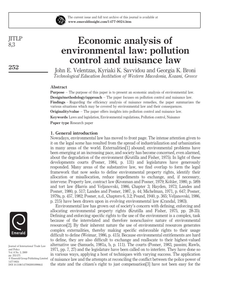 Economic Analysis of Environmental Law: Pollution Control and Nuisance Law | PDF | Externality ...