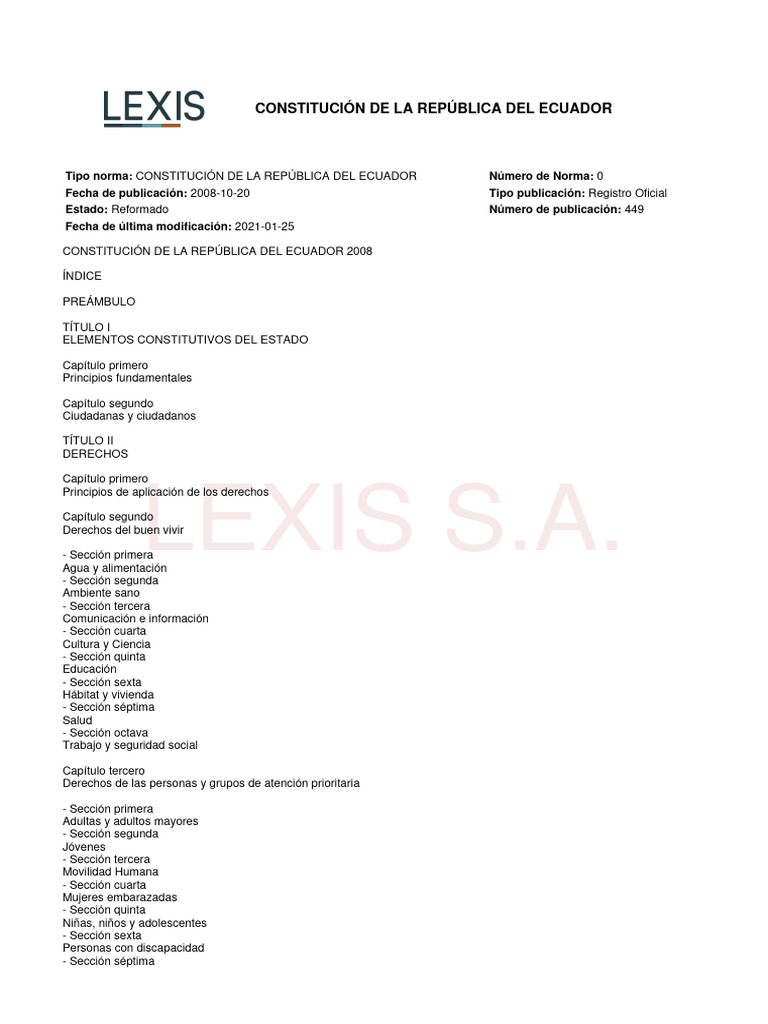 Constitución De La República Del Ecuador 1 20 Pdf Derecho
