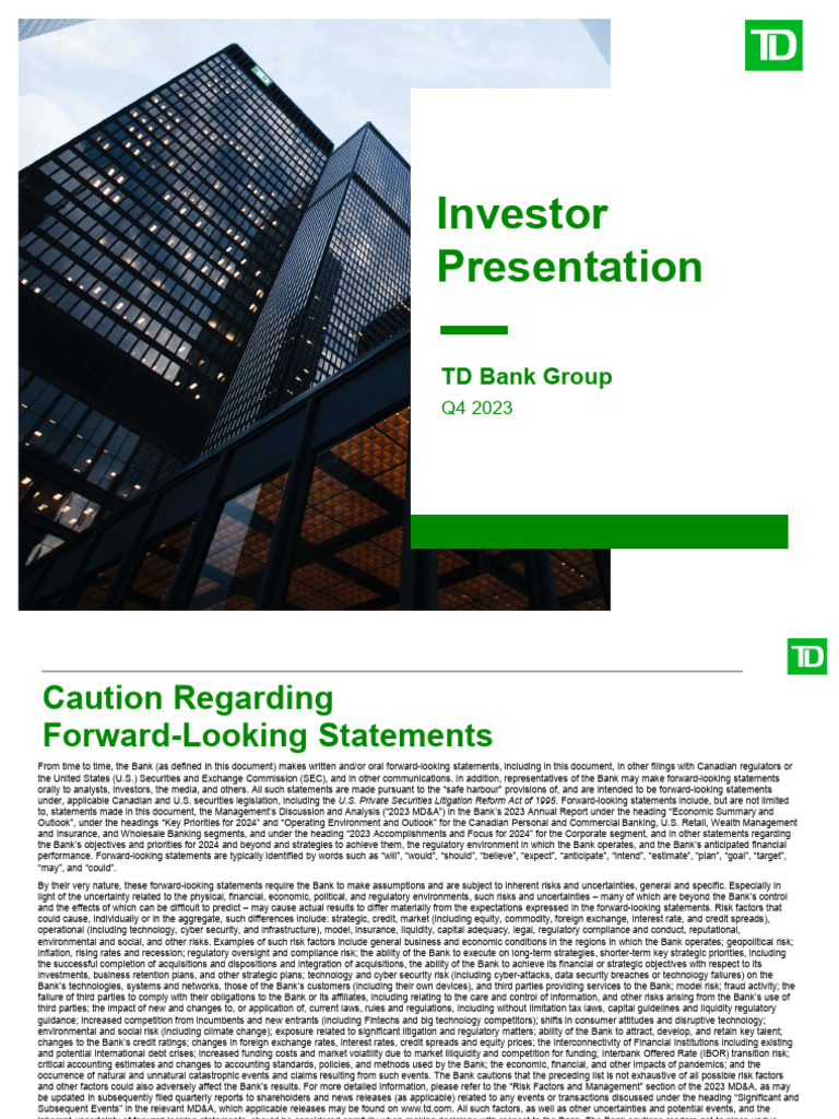 TD Bank Q4 2023 Investor Presentation | PDF | Banks | Risk