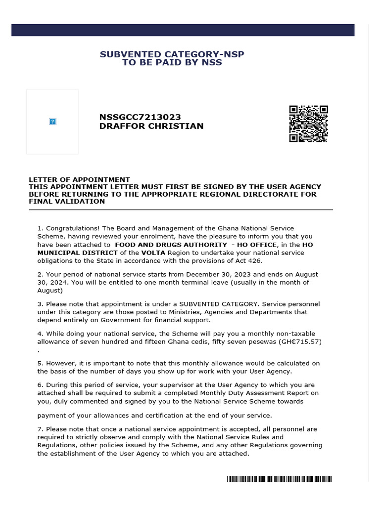 National Service Appointment Letter | PDF | Business | Law