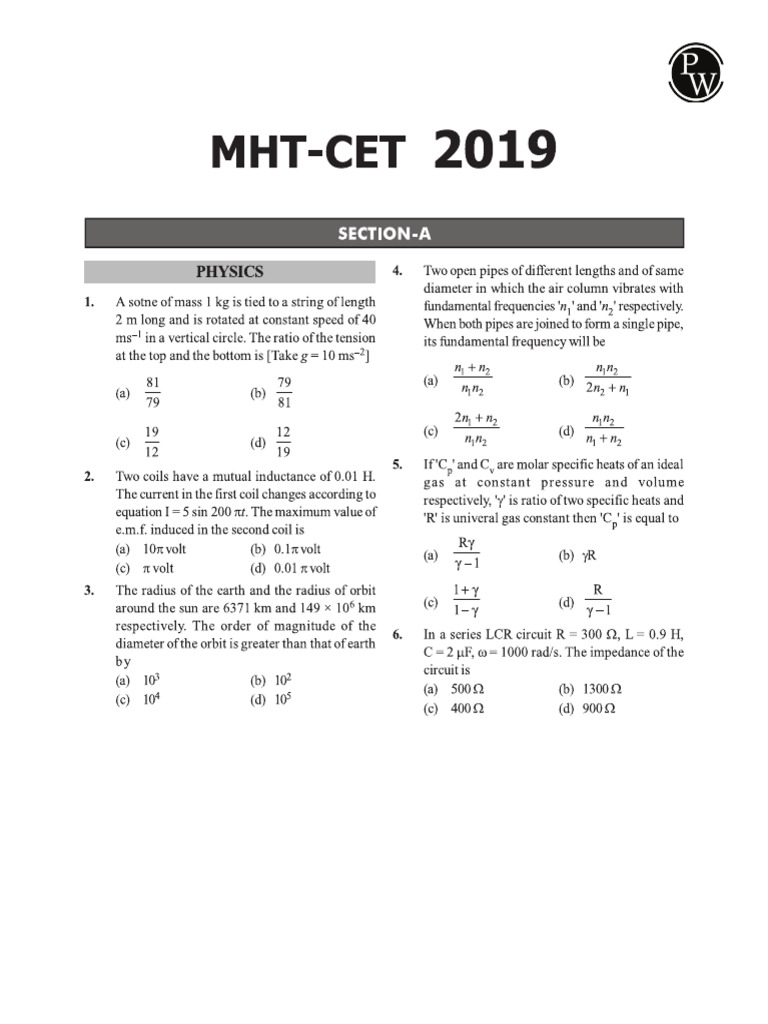 MHT CET 2019 Previous Year Paper | PDF