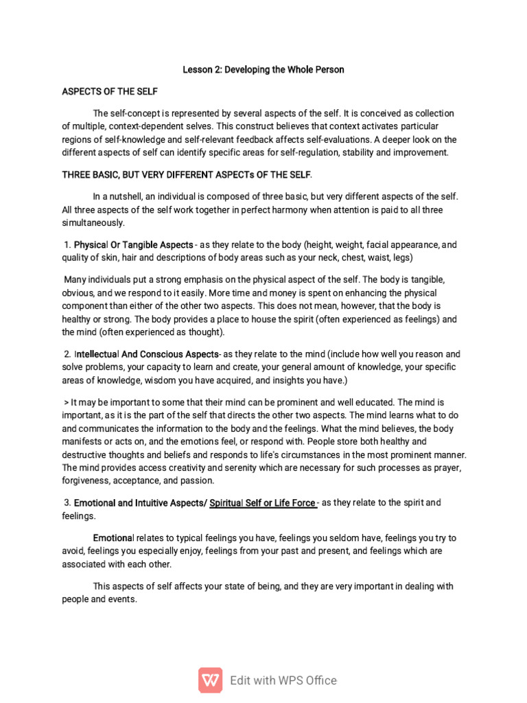 Lesson 2 - Developing The Whole Person | PDF | Self Concept | Feeling