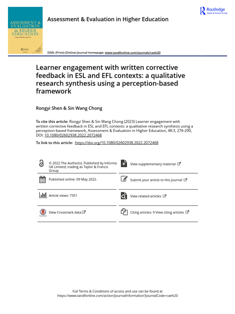Learner Engagement With Written Corrective Feedback in ESL and EFL ...