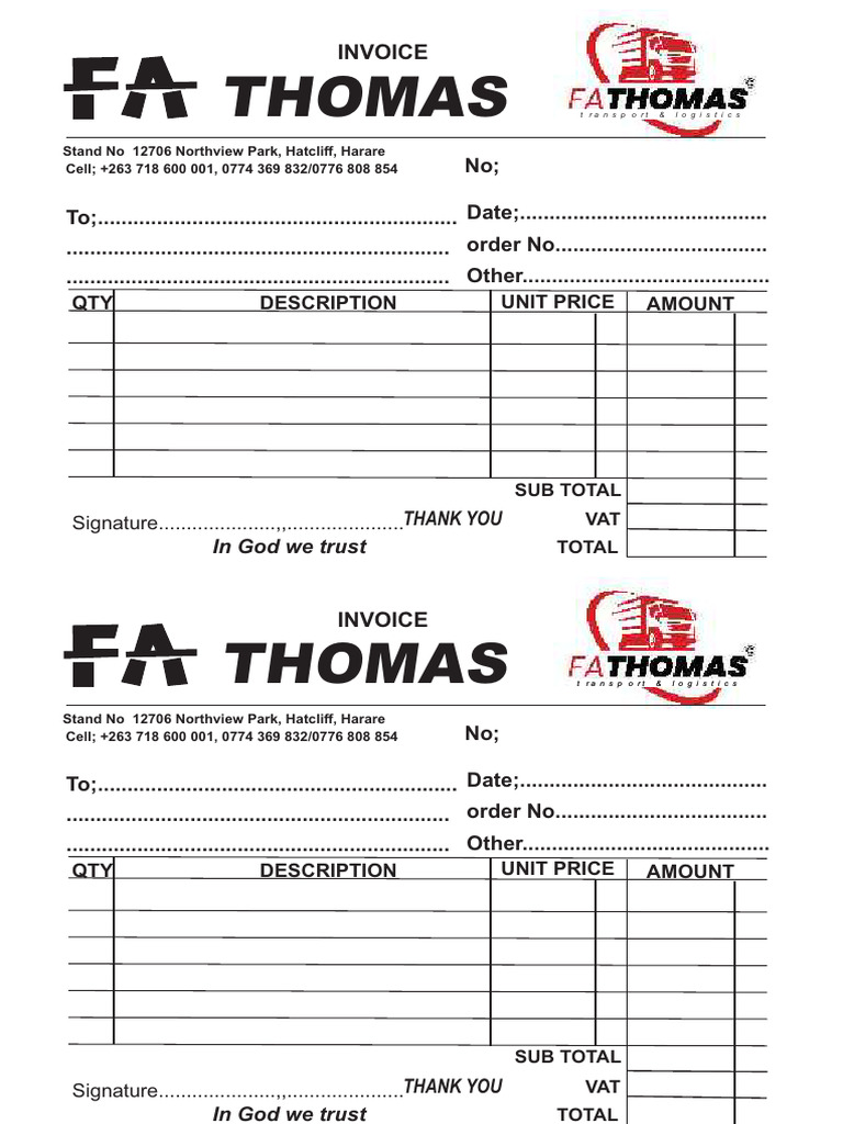 Thomas Invoice for Transport Services | PDF