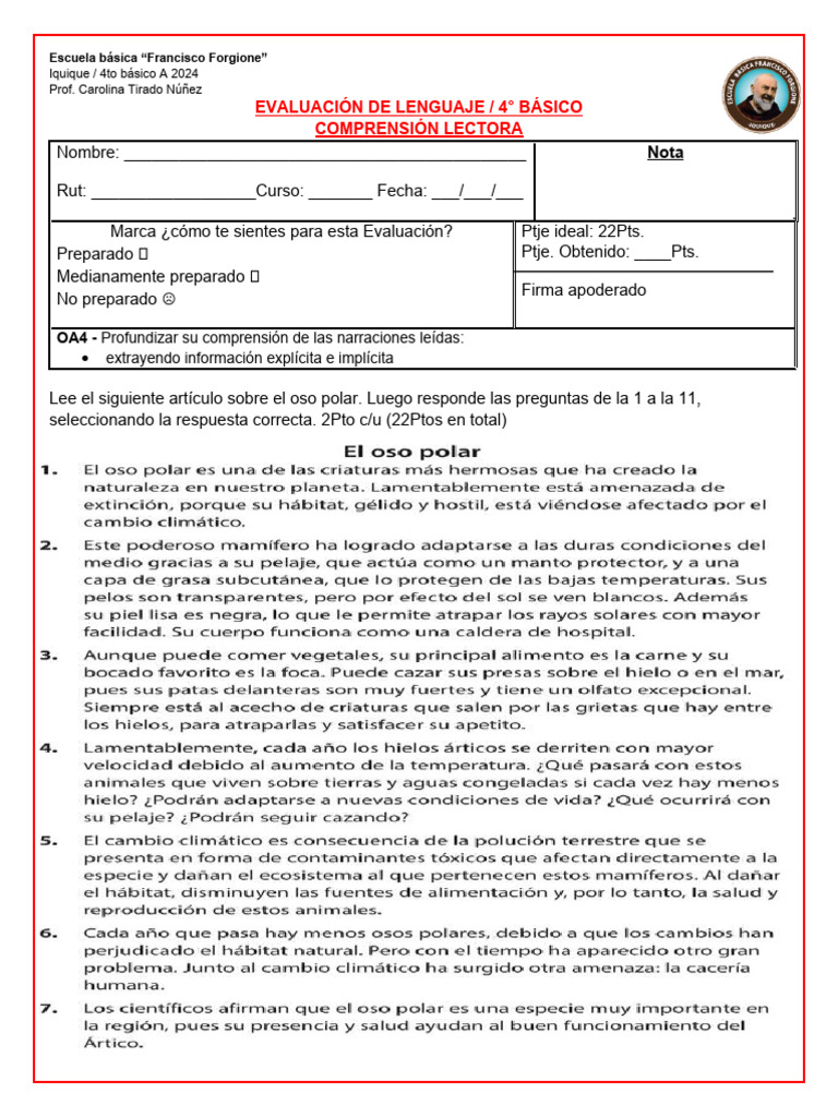 Evaluación Comprensión Lectora 4° Básico | PDF | Oso polar | Osos