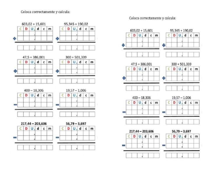 ficha de recuperacion de sumas y restas de numeros decimales grado ...