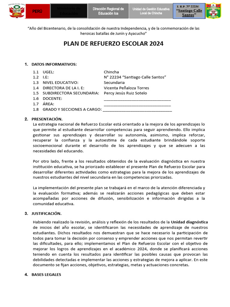 Plan de Refuerzo-2024 | PDF | Evaluación | Educación de la primera infancia
