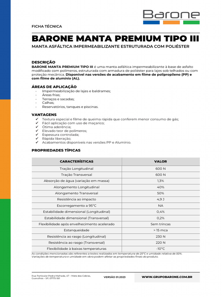 FT Barone Manta Asfaltica Tipo Iii V01.2023 | PDF | Polímeros | Materiais