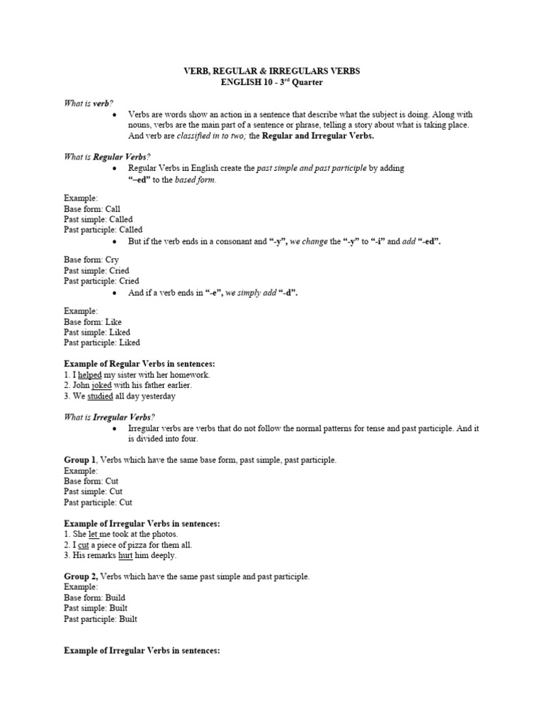 Regular and Irregular Verbs Explained | PDF | Perfect (Grammar) | Verb