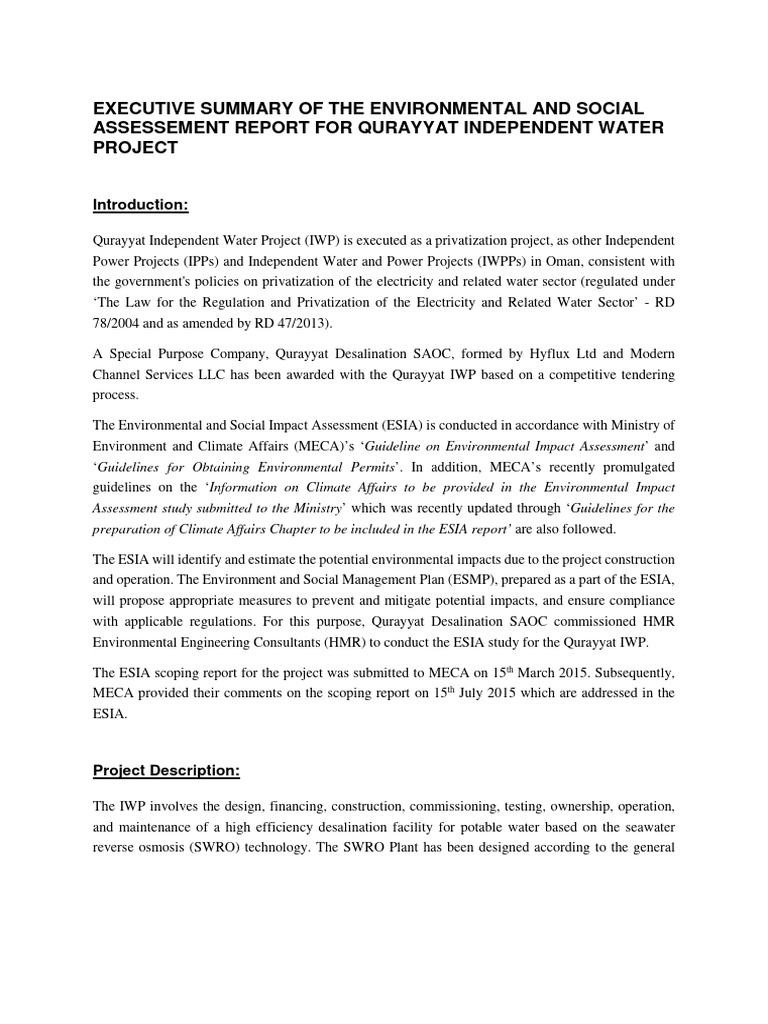 Executive Summary of The Environmental and Social Assessment Report For ...