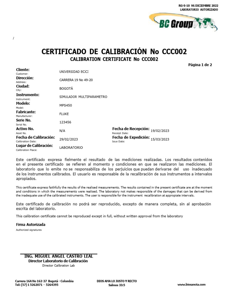 Certificado CCC002 MPS450 AÑO 2024 | PDF | Calibración | Teoría de la ...