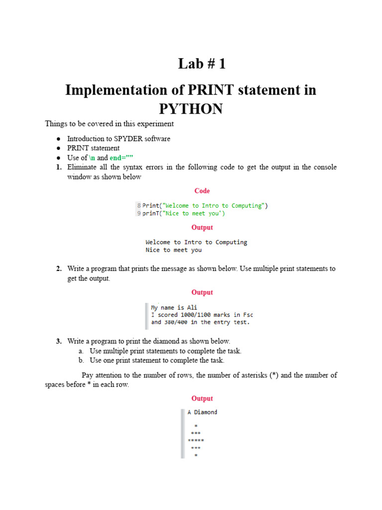 Python Lab: Print & Conditional Statements | PDF | Class (Computer Programming) | Boolean Data Type