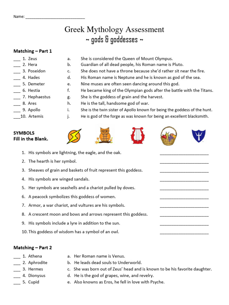 Gods and Goddesses Practice | PDF | Twelve Olympians | Zeus