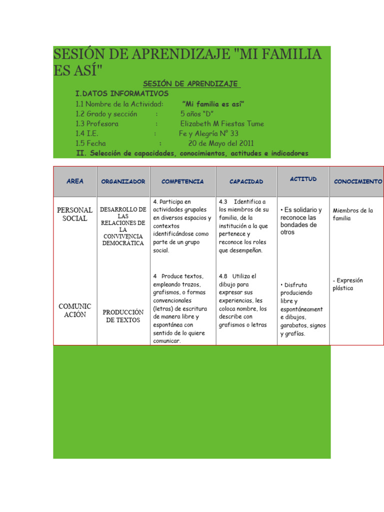 Sesion de Aprendizaje Mi Familia Es Asi | Descargar gratis PDF ...
