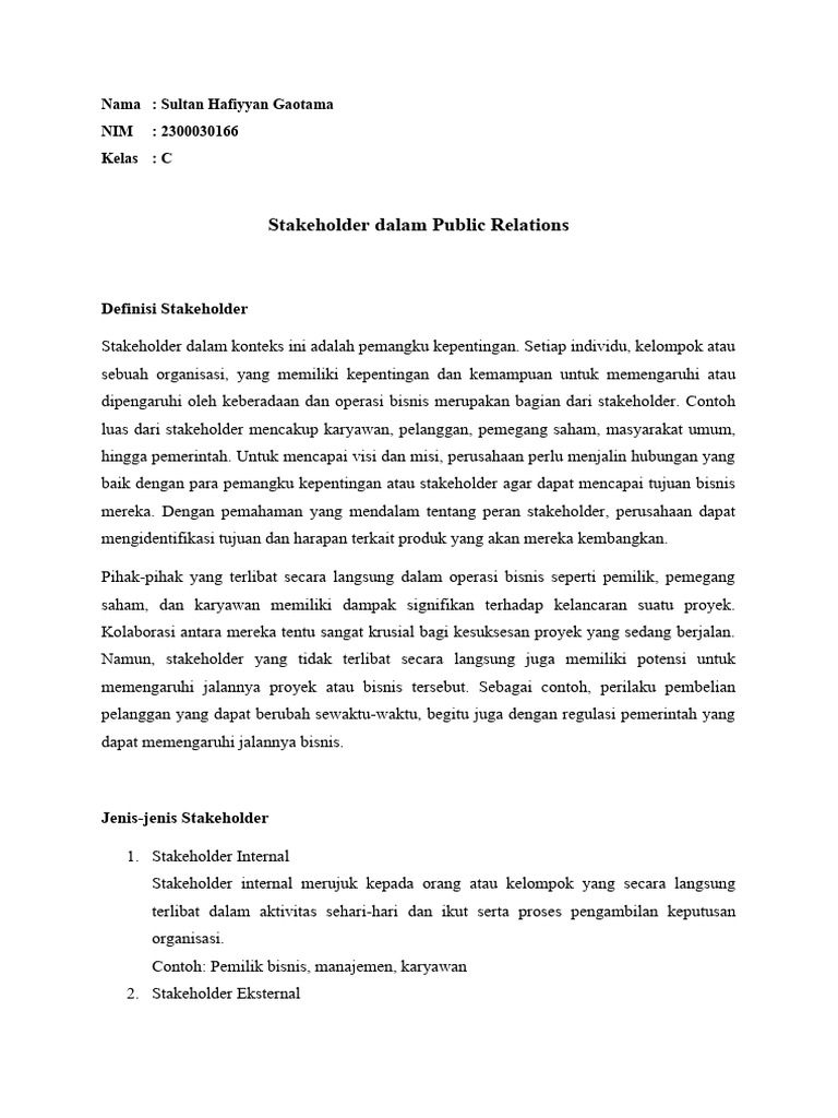 Stakeholder Dalam Public Relations - 2300030166 - Sultan Hafiyyan Gaotama - Kelas C | PDF ...
