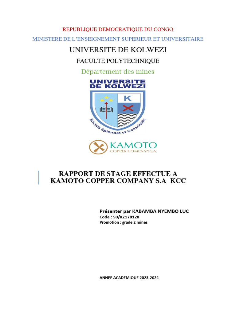 Rapport de stage à Kamoto Copper Company | PDF | Exploitation minière ...