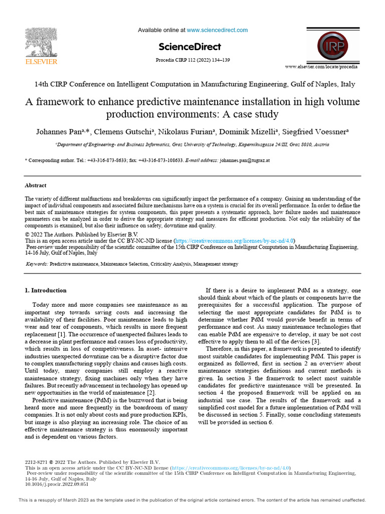 A Framework To Enhance Predictive Maintenance Installation in High Volume Production ...
