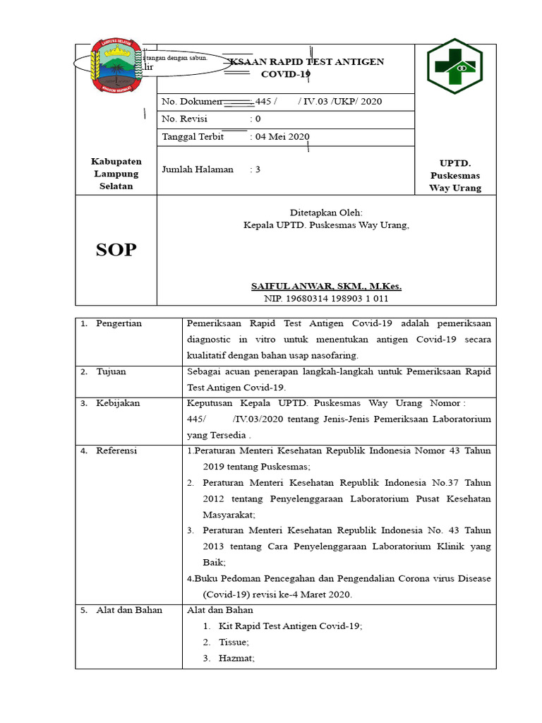 '11b (04052020) SOP PEMERIKSAAN RAPID ANTIGEN COVID 19 PKM WAY URANG | PDF | Sains & Matematika
