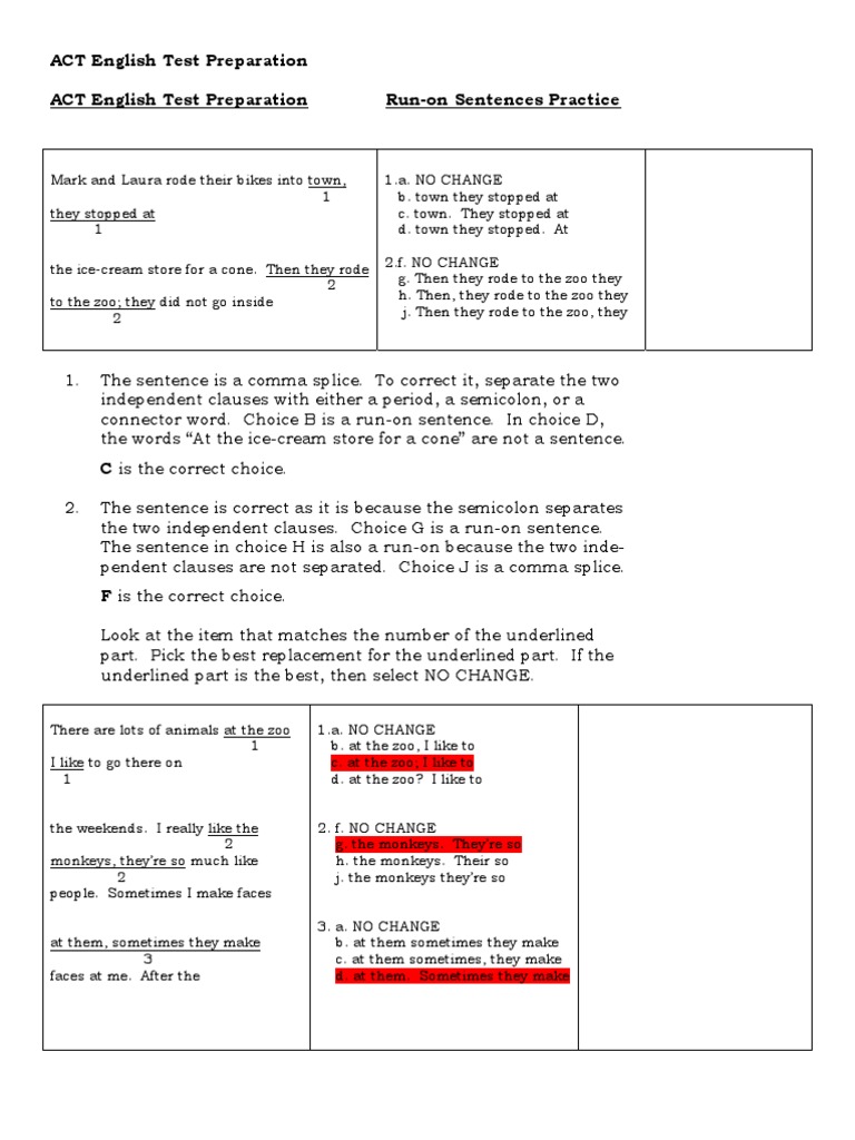 Act Practice Run On Sentences | PDF | Grammatical Number | Grammatical ...