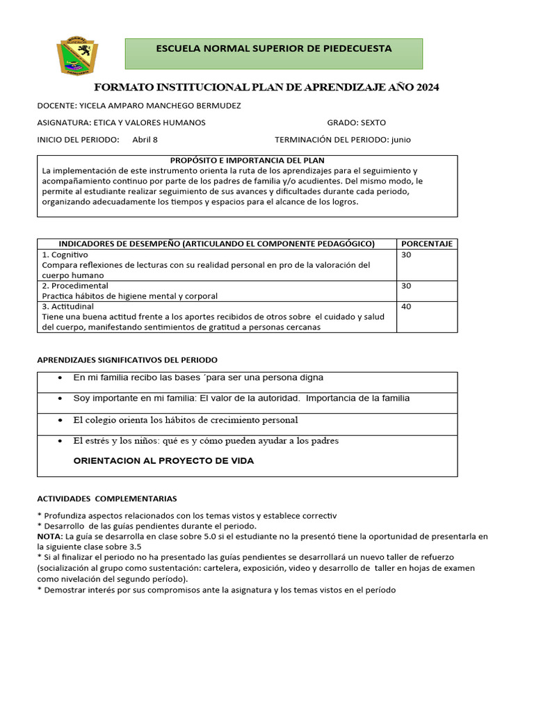 Plan Ética y Valores 2024 Grado 6° | PDF | Aprendizaje | Moralidad