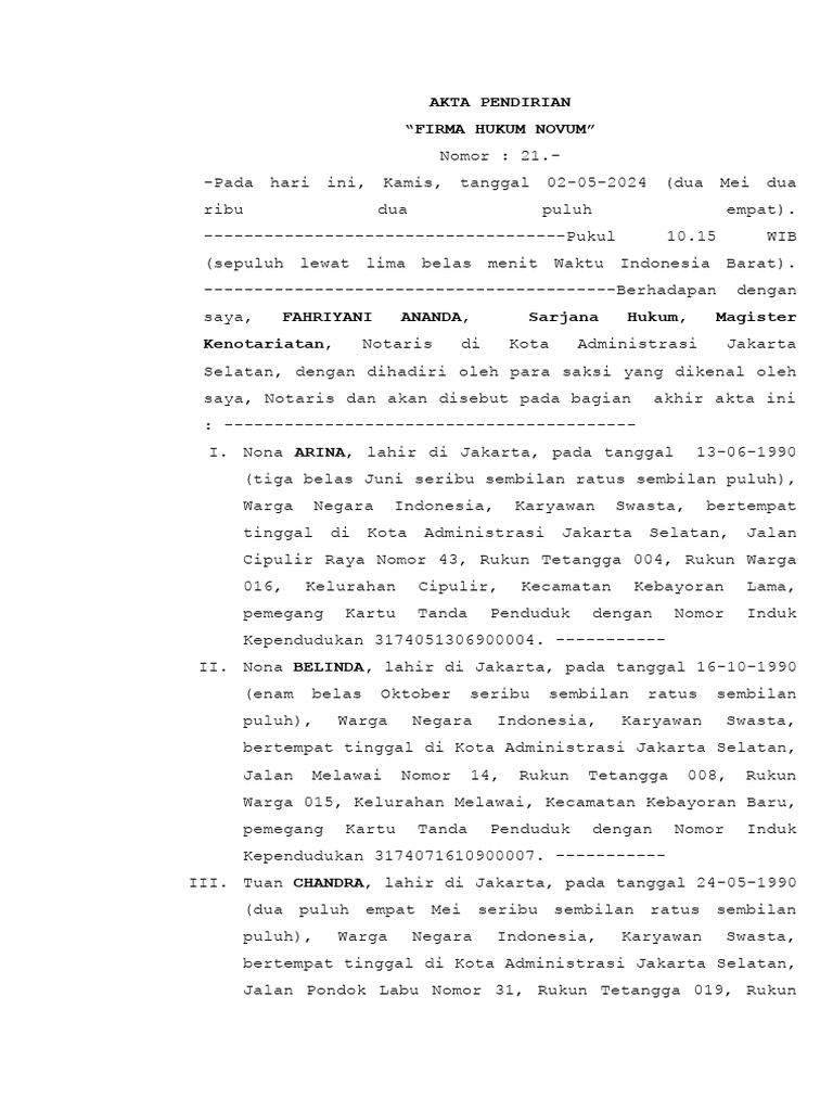 Akta Pendirian Firma Hukum Novum | PDF