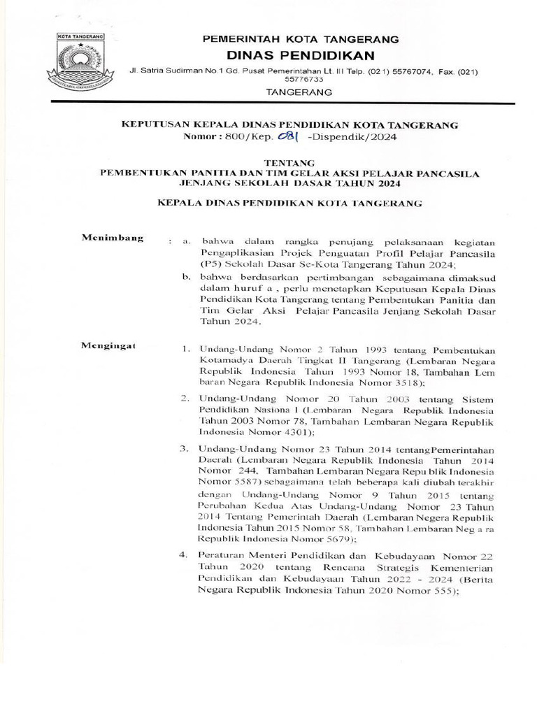 SK Kepala Dinas Panitia Dan Tim Gelar Aksi p5 Tahun 2024 | PDF