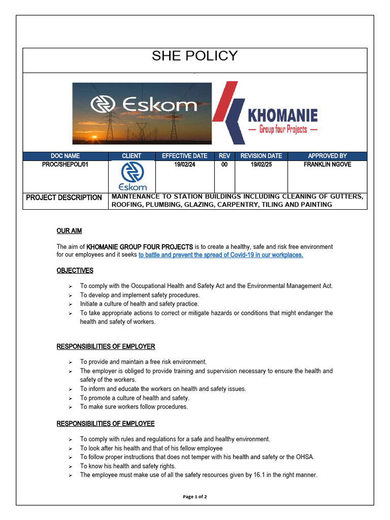 SHE Policy for Safe Work Environment | PDF | Occupational Safety And ...