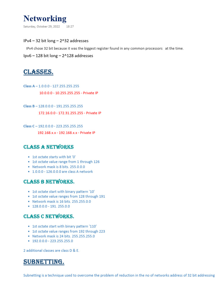 Networking - Subnetting | PDF | Ip Address | Network Protocols