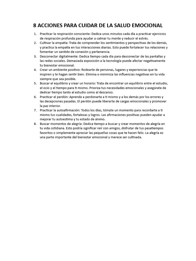 8 Acciones para Cuidad La Salud Emocional | PDF | Las emociones | Salud ...