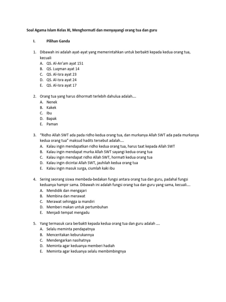 Kelas XI - Soal Agama Menghormati Orang Tua Dan Guru | PDF | Kesehatan Holistik | Agama ...