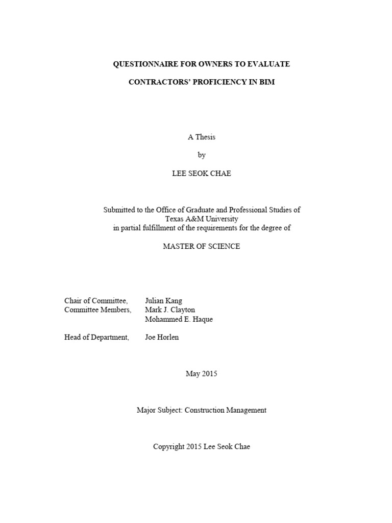 Questionnaire For Owners To Evaluate Contractors' Proficiency in Bim ...