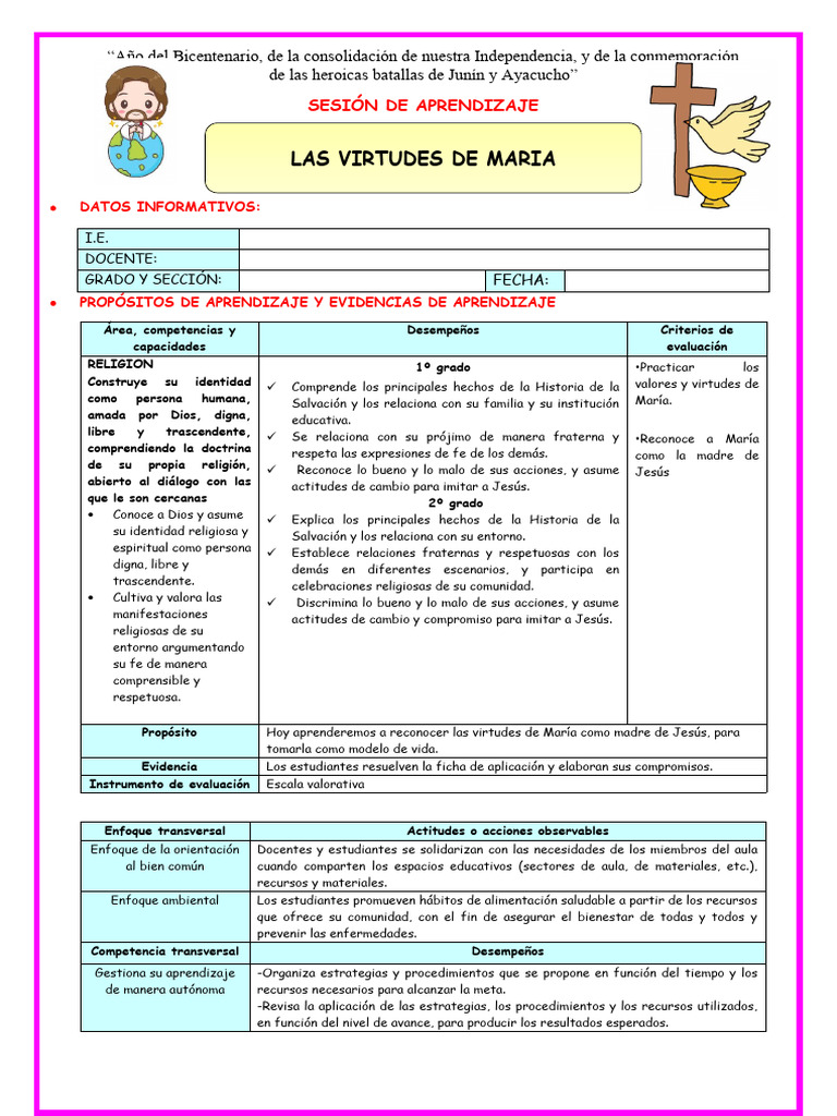 U2 S5 Sesion D2 Religion Las Virtudes de Maria Maestras de Primaria Del Peru | PDF | María ...