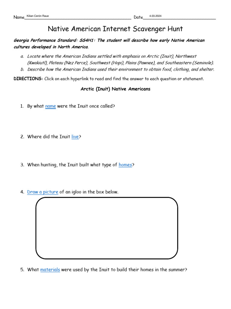 Native American Scavenger Hunt | PDF | Inuit | Native Americans In The ...