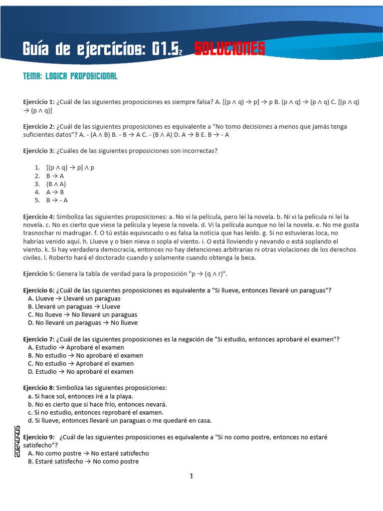 Scribd - Guia de Ejercicios 01.5 - Logica Proposicional - Soluciones | PDF | Proposición ...