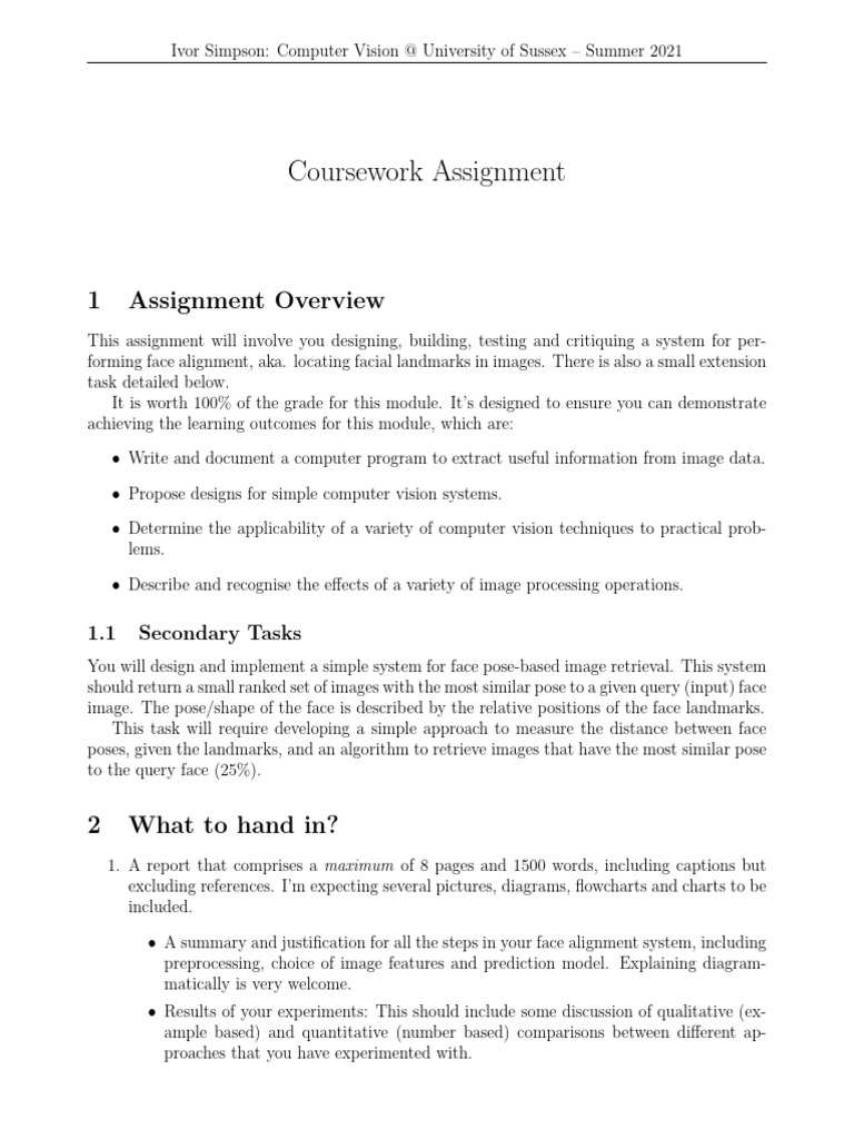 Coursework Assignment Summer | PDF | Computer Vision | Artificial Intelligence