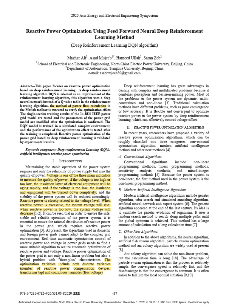 Reactive Power Optimization Using Feed Forward Neural Deep Reinforcement | PDF | Mathematical ...
