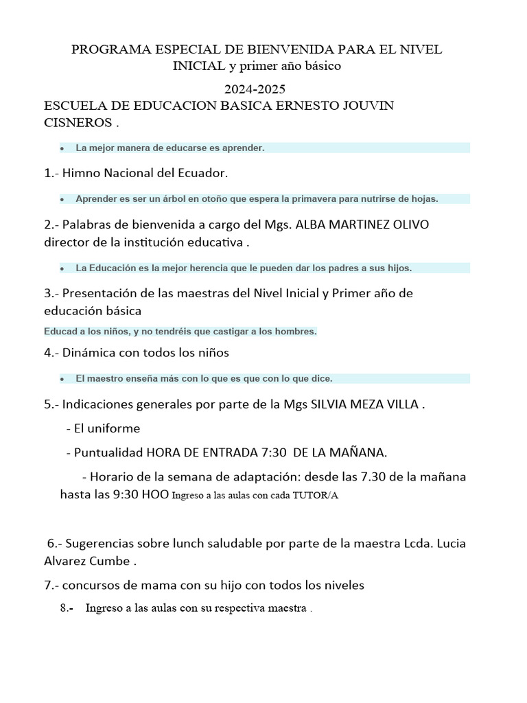PROGRAMA - DE - BIENVENIDA - INICIAL - 2024 Ernesto | PDF