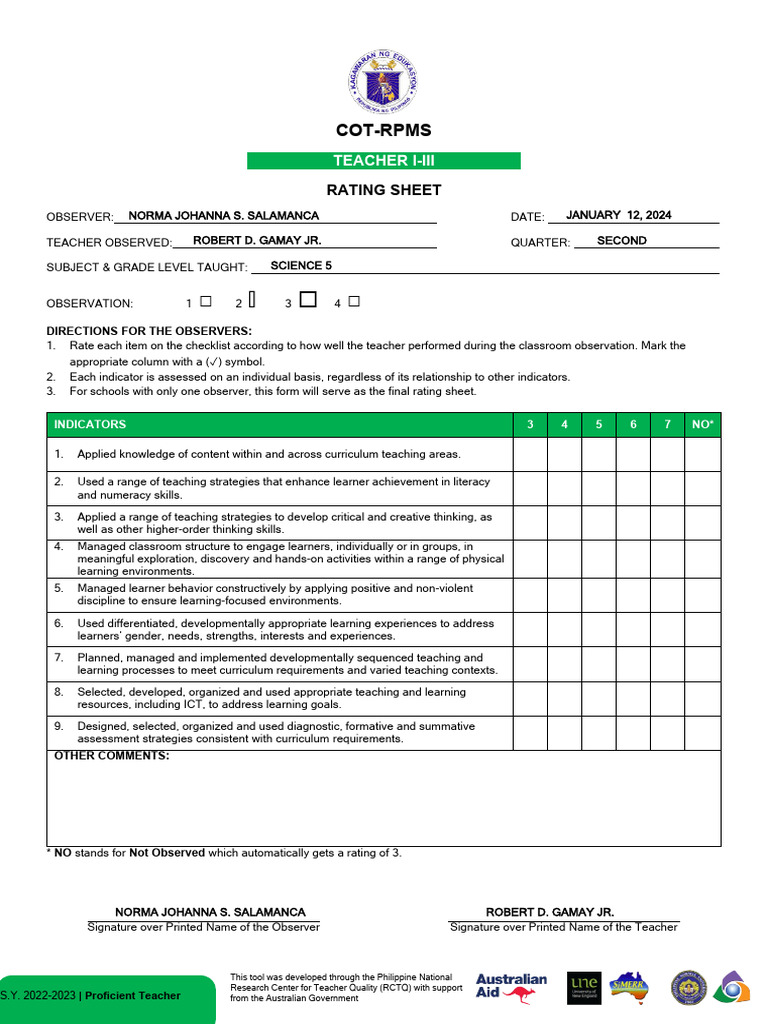 Appendix C 02 COT RPMS Rating Sheet For T I III For SY 2022 2023 | PDF ...