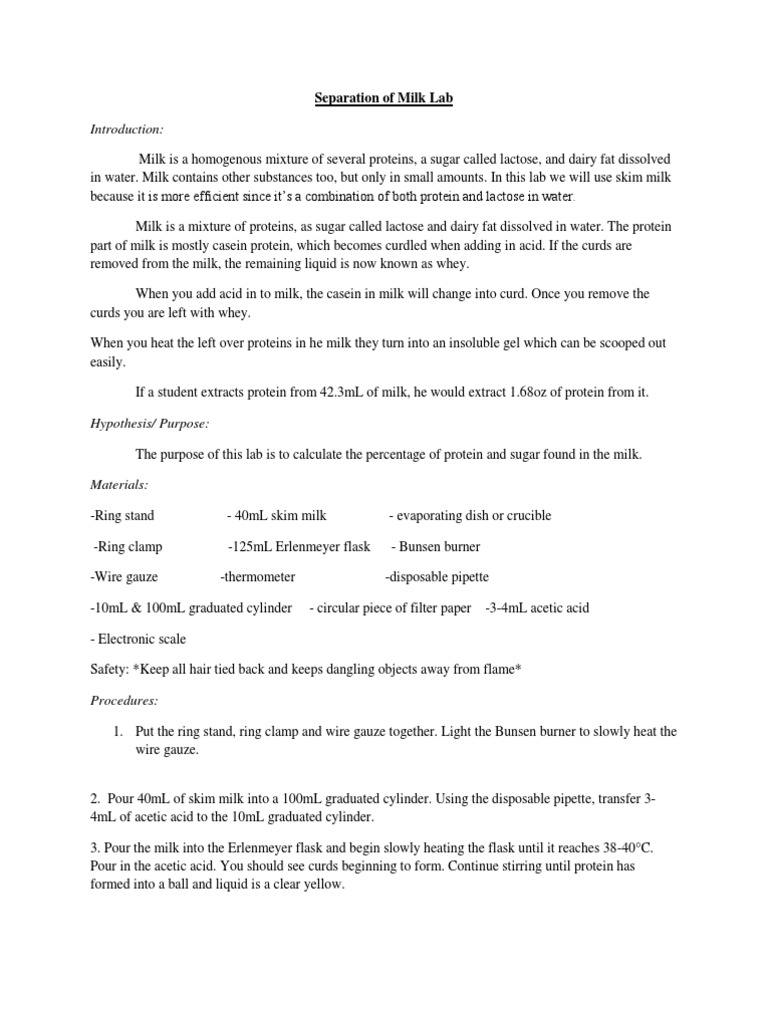 Separation of Milk Pre-Lab | PDF | Milk | Chemistry