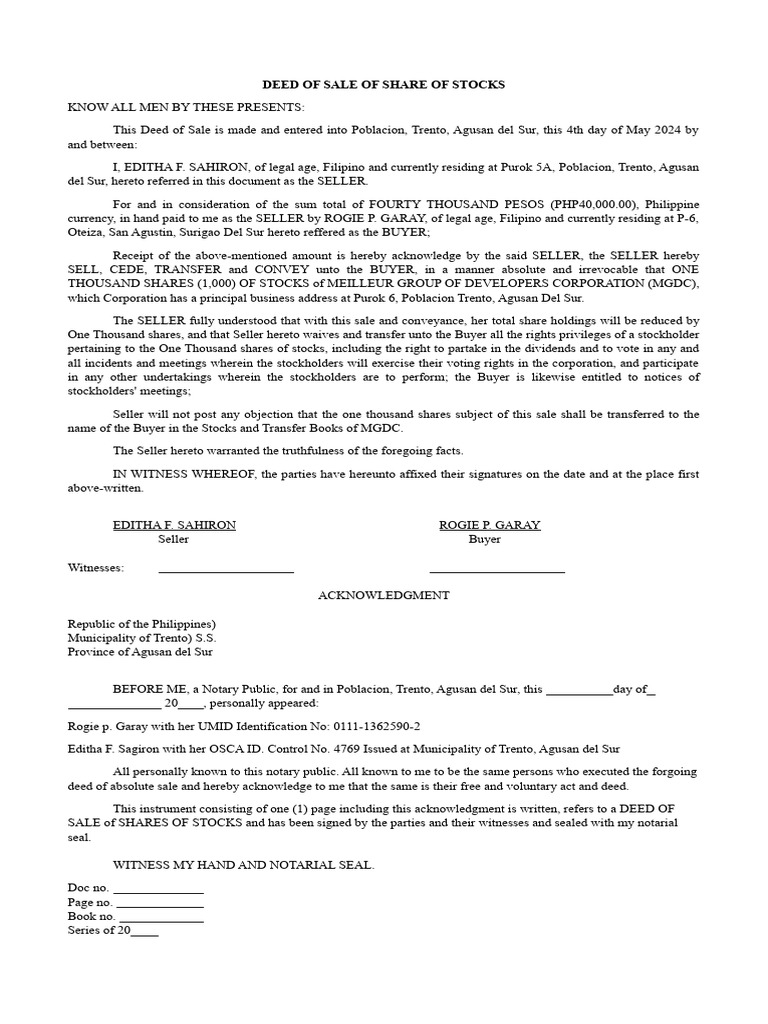 DEED OF SALE OF SHARE OF STOCKS | PDF | Business Law | Corporations