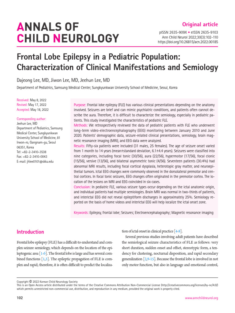 Frontal Lobe Epilepsy in A Pediatric Population: Characterization of ...