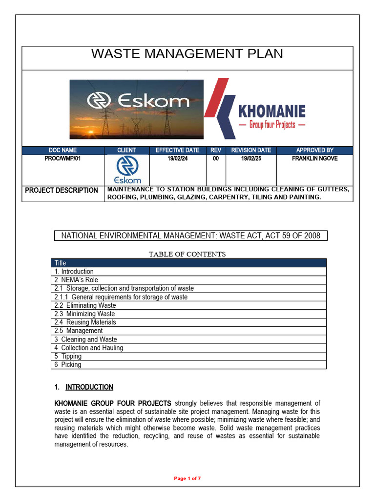 Waste Management Plan for Cleaning Projects | PDF | Waste | Recycling